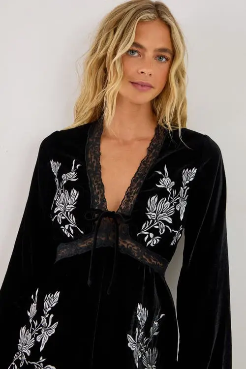 Nasty Gal Velvet Embroidered Lace Trim Romper