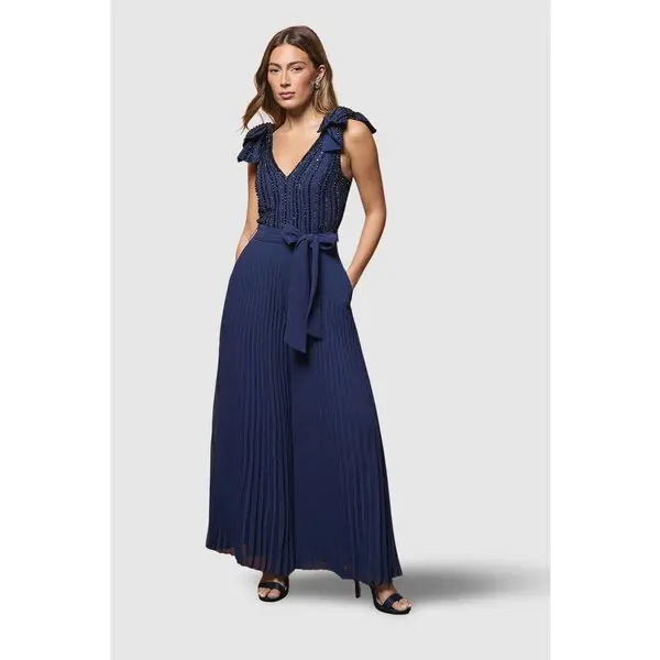 Coast Embellished Bow Shoulder Wide Leg Jumpsuit - Navy