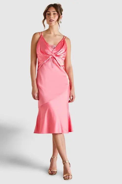 Coast Lace Insert Satin Midi Dress - Peach