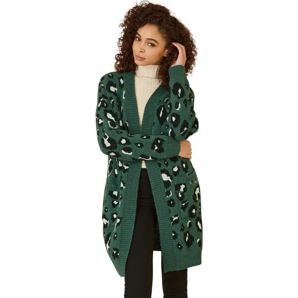 YUMI Animal Intarsia Knit Long Cardigan - Green