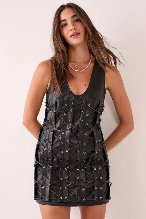 Nasty Gal Eyelet Lace-up Faux Leather Mini Dress - Black