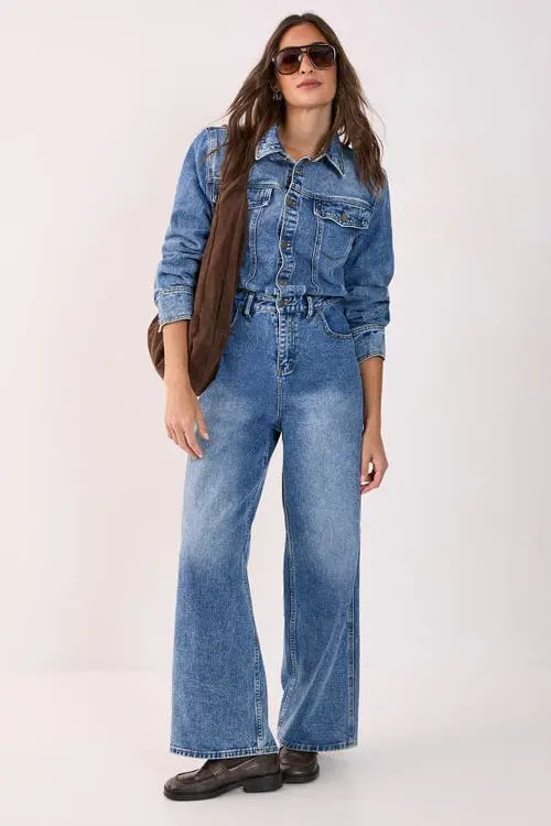 Nasty Gal Denim Shoulder Pad Boilersuit With Wide Leg - Stonewash