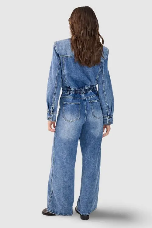 Nasty Gal Denim Shoulder Pad Boilersuit With Wide Leg - Stonewash