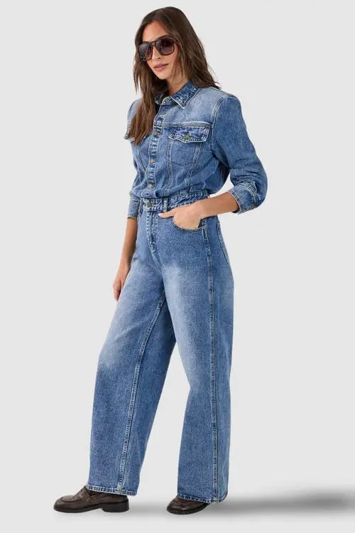 Nasty Gal Denim Shoulder Pad Boilersuit With Wide Leg - Stonewash
