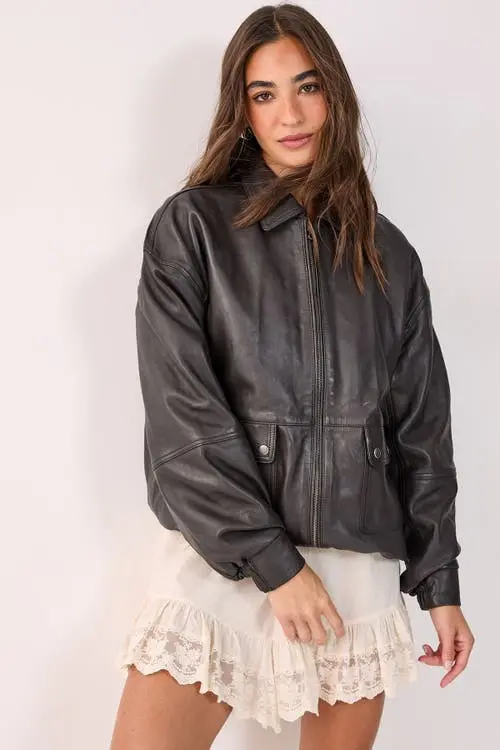 Nasty Gal Real Leather Oversized Bomber Jacket - Chocolate