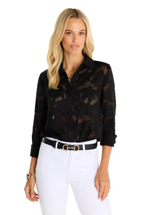 THE NOLI SHOP Sheer Floral Lace Button-up Blouse - Black
