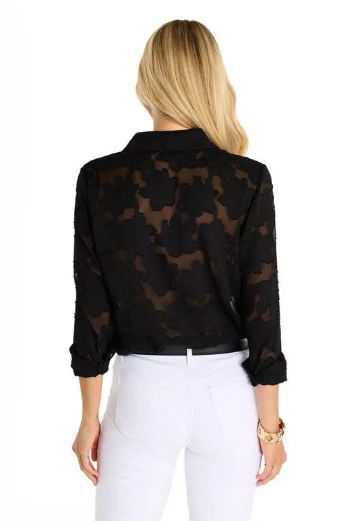 THE NOLI SHOP Sheer Floral Lace Button-up Blouse - Black