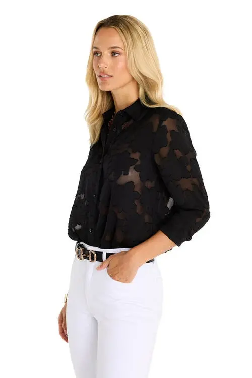 THE NOLI SHOP Sheer Floral Lace Button-up Blouse - Black