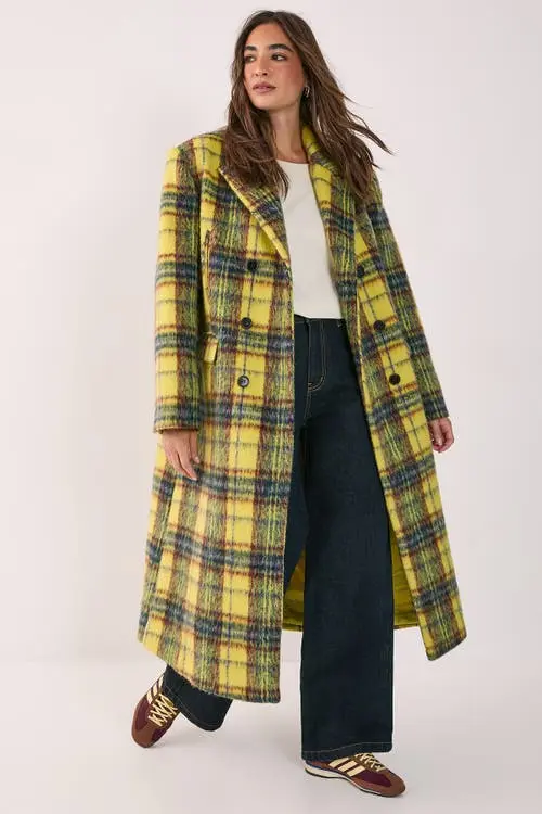 Nasty Gal Checked Wool Blend Maxi Coat - Yellow