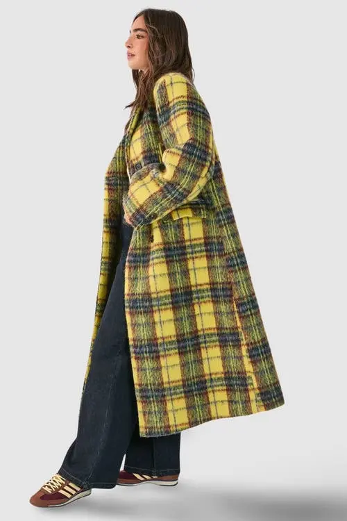 Nasty Gal Checked Wool Blend Maxi Coat - Yellow