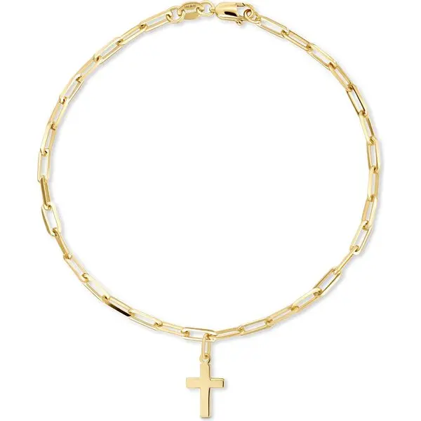 DEVATA 14k Gold Cross Charm Paperclip Chain Bracelet - Yellow Gold
