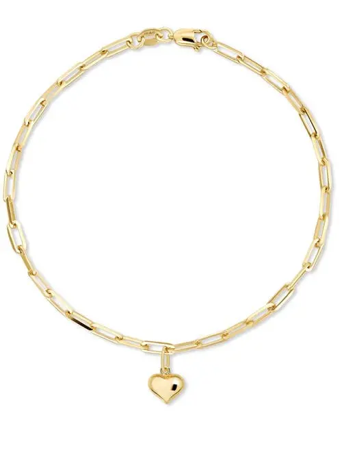 DEVATA 14k Gold Heart Charm Paperclip Chain Bracelet - Yellow Gold