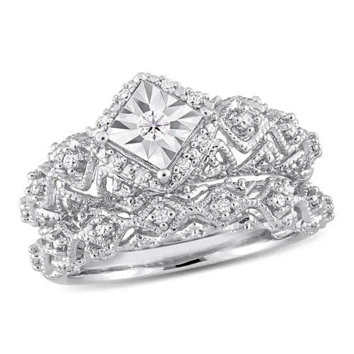 JULIANNA B. Diamond Vintage Halo Bridal Ring Set - Sterling Silver