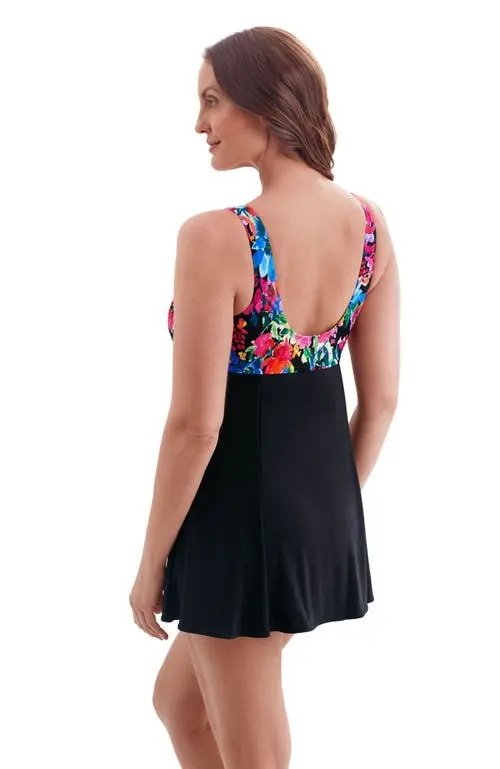 LONGITUDE Draped Crossover Long Torso Swim Dress - Blooming Bouquet