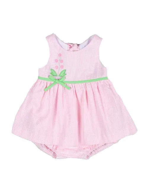 FLORENCE EISEMAN Check Seersucker Skirted Romper With Floral Appliqués And Bow Detail - Pink/white