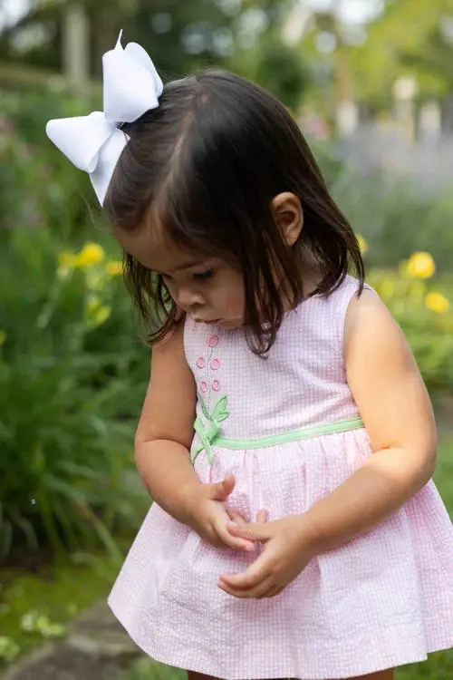 FLORENCE EISEMAN Check Seersucker Skirted Romper With Floral Appliqués And Bow Detail