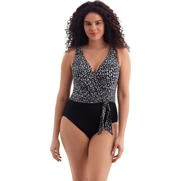 LONGITUDE Belted Surplice Long Torso One-piece Swimsuit - Second Wave