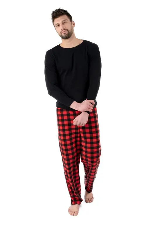 LEVERET Cotton Top & Fleece Pants Printed Matching Family Holiday Pajama Set - Plaid Black & Red