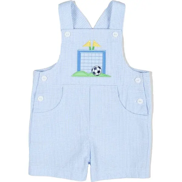 FLORENCE EISEMAN Check Seersucker Shortall With Soccer Goal Appliqu - Light Blue