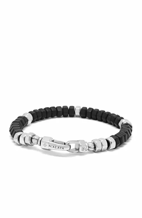 NIALAYA Black Onyx Hexagon Beaded Bracelet - Black Onyx/silver