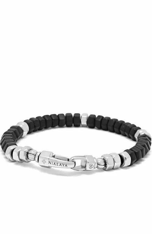 NIALAYA JEWELRY Black Onyx Hexagon Beaded Bracelet - Black Onyx/silver
