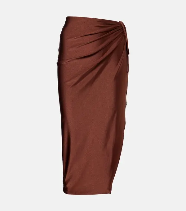ADRIANA DEGREAS Solid Ruched Gathered Midi Skirt - Brown