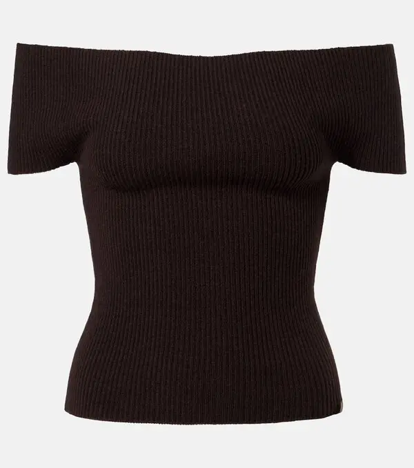 Extreme Cashmere N°381 Libra Off-shoulder Ribbed Knit Top - Brown