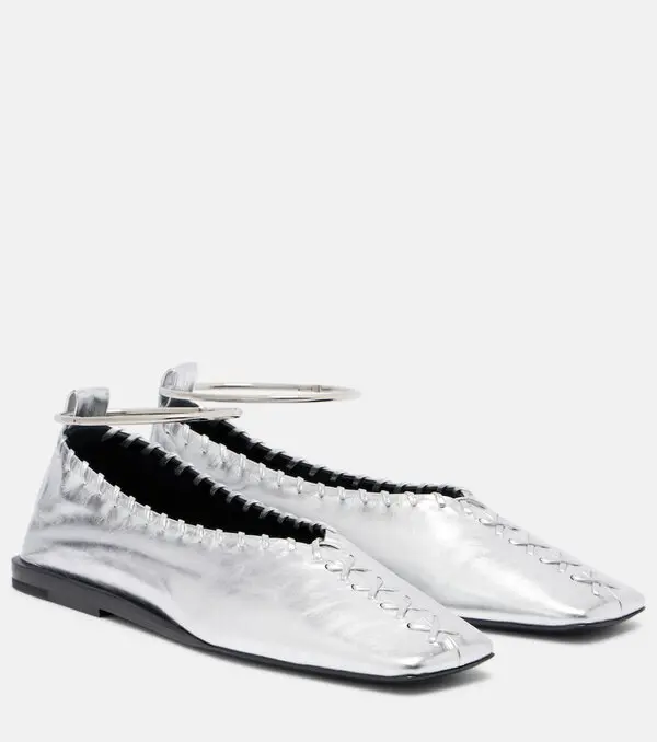 JIL SANDER Leather Ballet Flats With Almond Toe - Silver