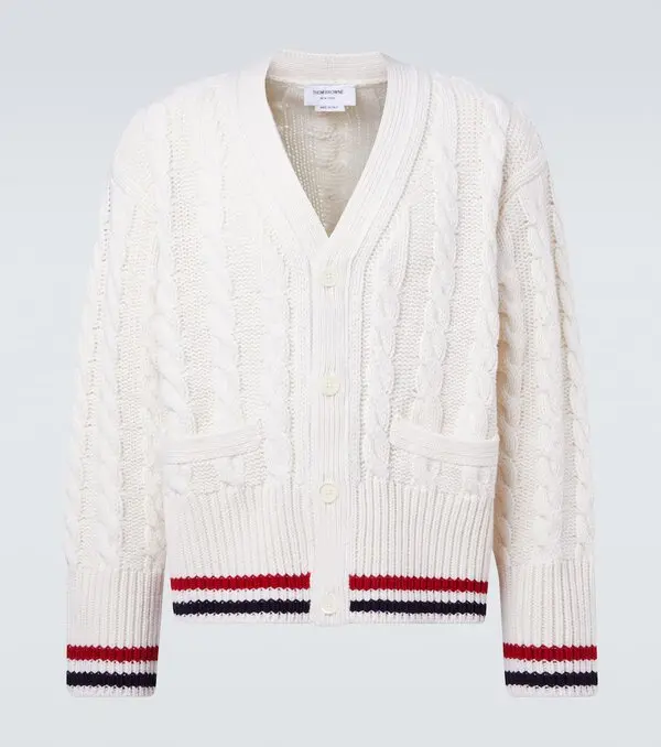 Thom Browne Rwb Stripe Cable-knit Virgin Wool Cardigan - White