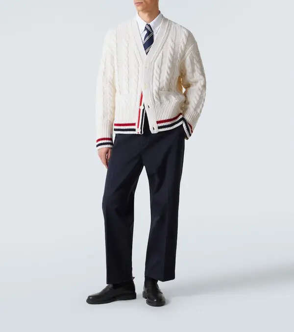 Thom Browne Rwb Stripe Cable-knit Virgin Wool Cardigan