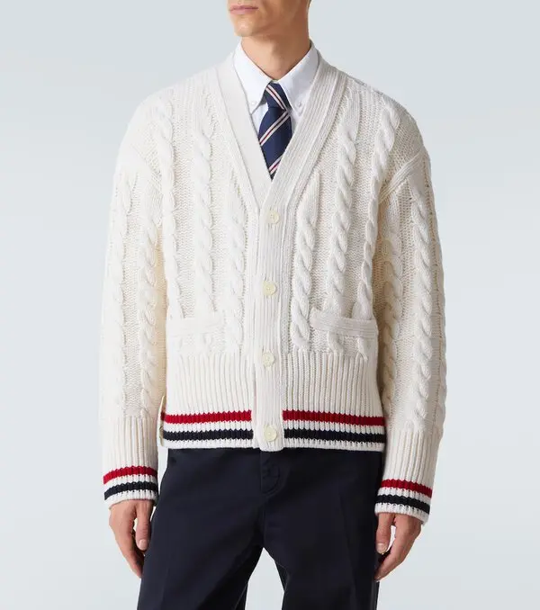 Thom Browne Rwb Stripe Cable-knit Virgin Wool Cardigan