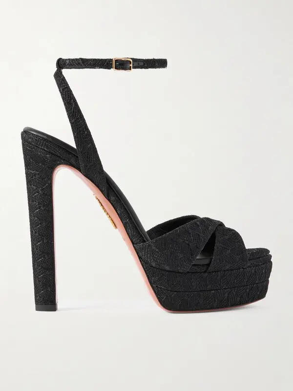 AQUAZZURA Divine Plateau 130 Metallic Woven Platform Sandals - Black