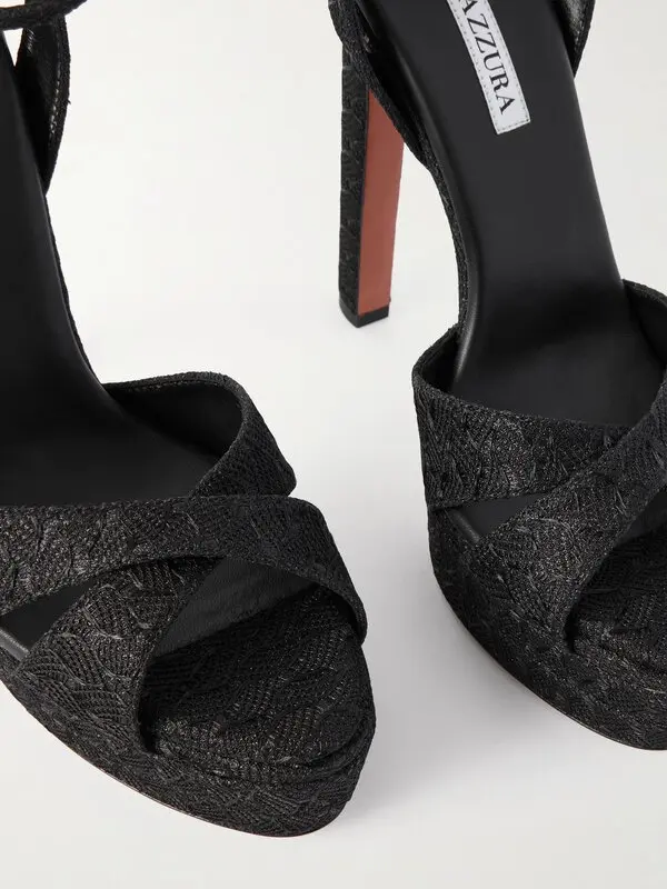 AQUAZZURA Divine Plateau 130 Metallic Woven Platform Sandals - Black