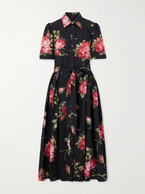 Dolce & Gabbana Belted Floral-print Cotton-poplin Midi Dress - Black