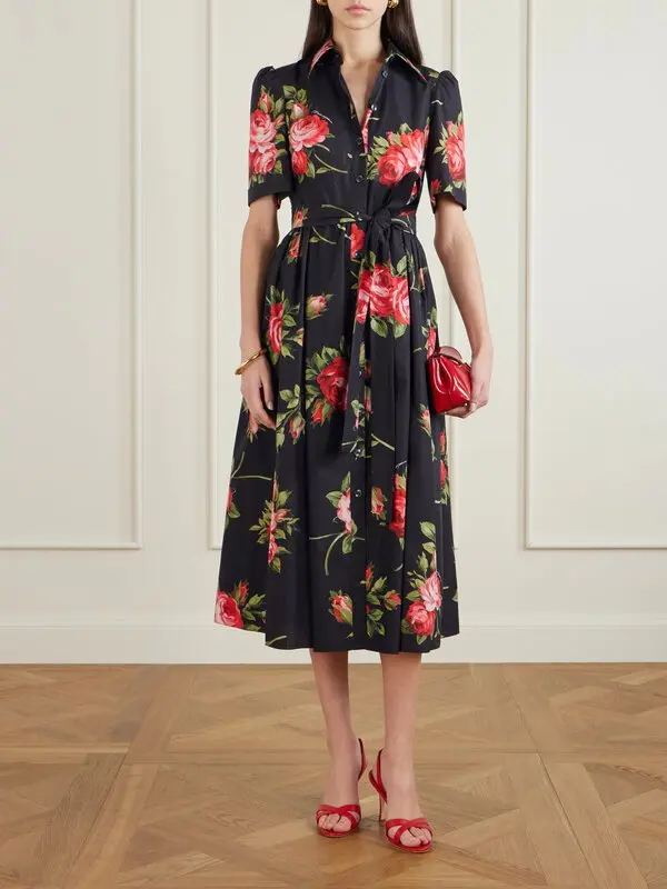 Dolce & Gabbana Belted Floral-print Cotton-poplin Midi Dress - Black