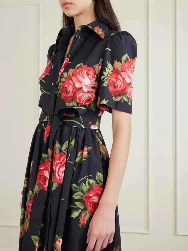 Dolce & Gabbana Belted Floral-print Cotton-poplin Midi Dress - Black