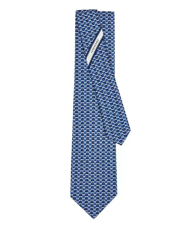 FERRAGAMO Geometric Printed Silk Neck Tie - Blue