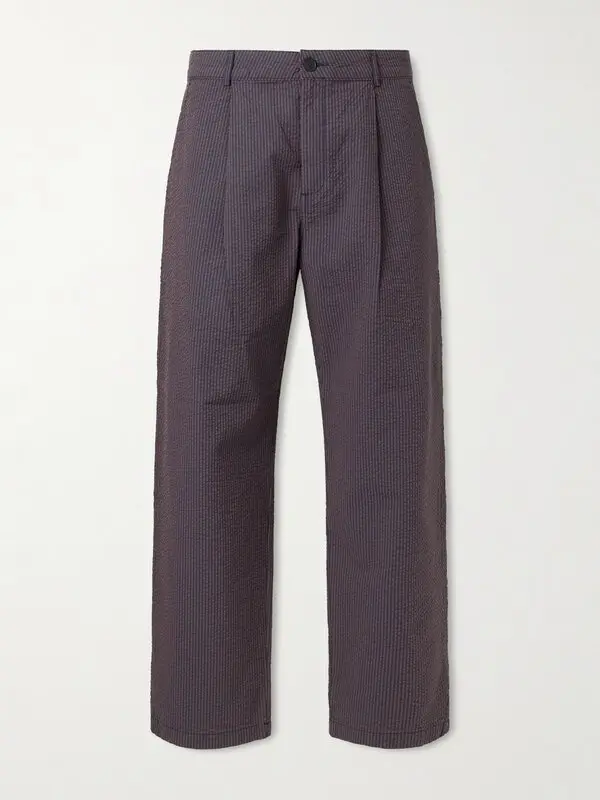 Folk Cropped Wide-leg Striped Cotton-seersucker Trousers - Blue
