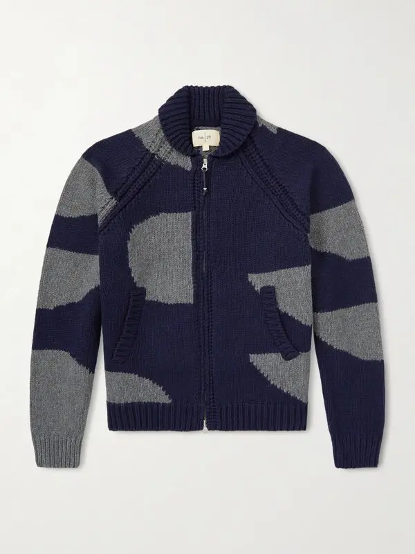 Folk Curve Two-tone Knitted Zip-up Cardigan - Blue