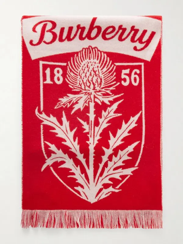 Burberry Logo-jacquard Fringed Wool Scarf - Red