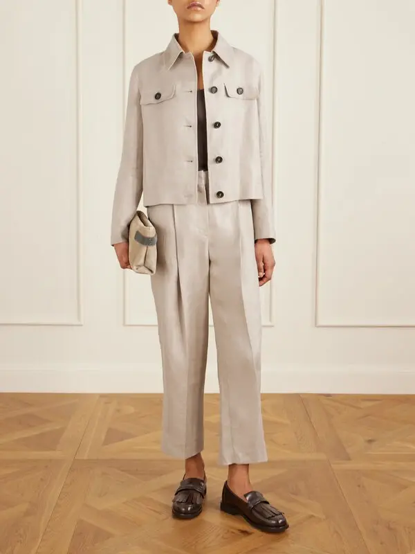 Brunello Cucinelli Cropped Pleated Linen-twill Wide-leg Pants