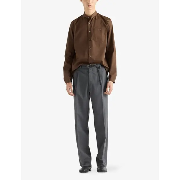 Prada Band-Collar Slim-Fit Woven Shirt - Brown | Editorialist