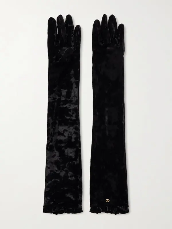 Valentino Garavani Vlogo Ruffled Velvet Gloves - Black