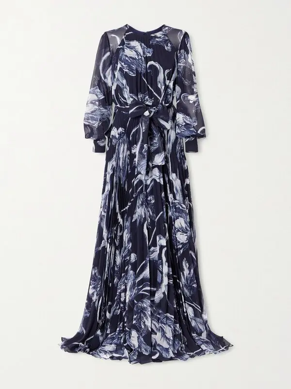 Erdem Belted Pleated Printed Chiffon Gown - Blue