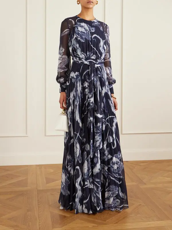 Erdem Belted Pleated Printed Chiffon Gown - Blue