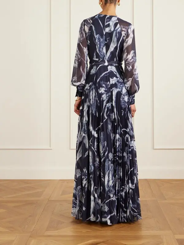 Erdem Belted Pleated Printed Chiffon Gown - Blue