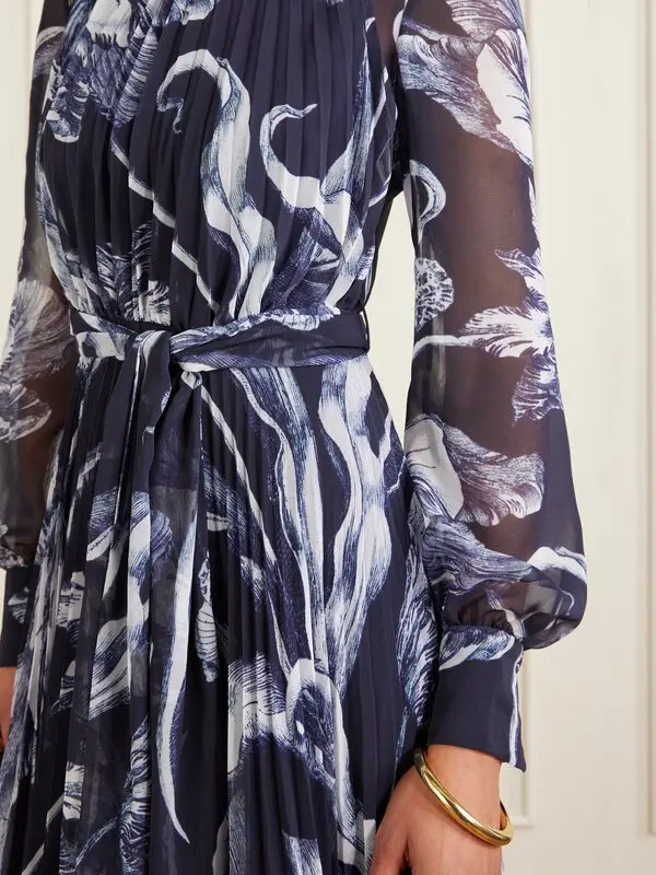Erdem Belted Pleated Printed Chiffon Gown - Blue