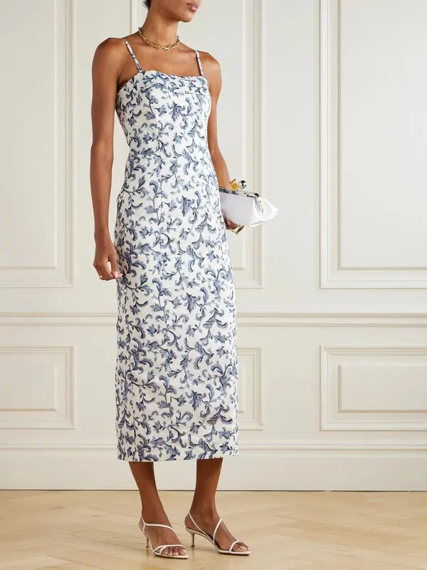 knee length dresses for ladies Floral Lattice Linen Blend Blue Midi Dress main image 1