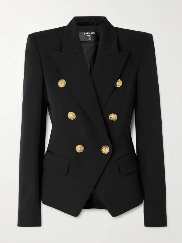 Balmain Double-breasted Grain De Poudre Wool Blazer - Black