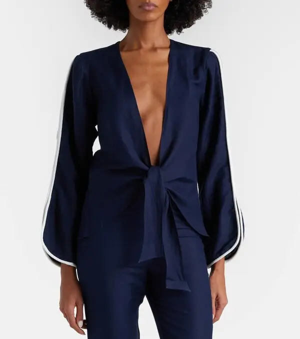 ADRIANA DEGREAS Bicolor Linen-blend Top - Blue